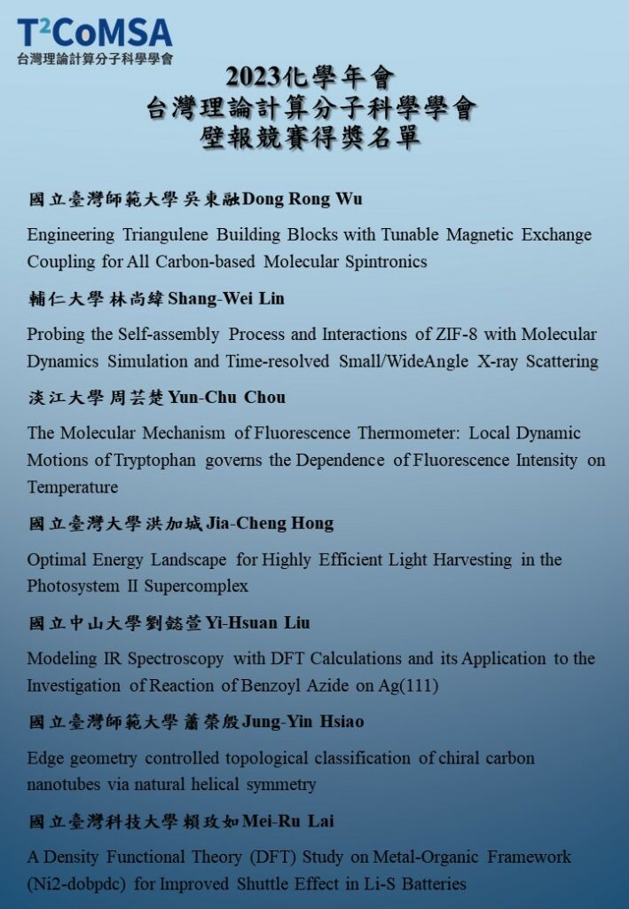2023化學年會-台灣理論計算分子科學學會壁報競賽得獎名單公布 – 台灣理論計算分子科學學會T2CoMSA